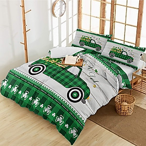 3 Pieces Duvet Cover Cal King Bedding Sets St. Patrick's Day Green Shamrock Plaid Retro Wood Board Soft Comforter Cover with Pillowcases Spring Clover Coin Microfiber Quilt Covers Set for Bedroom