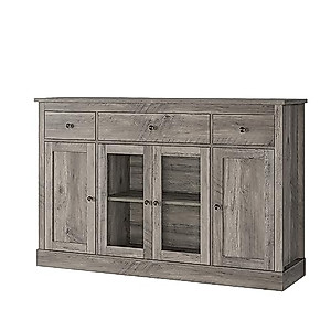 HOSTACK Sideboard Buffet Cabinet with Storage, 55" Large Kitchen Buffet Storage Cabinet with Drawers | Glass Doors, Modern Farmhouse Coffee Bar Cabinet, Wood Buffet Table Dining Room Cabinet, Ash Grey