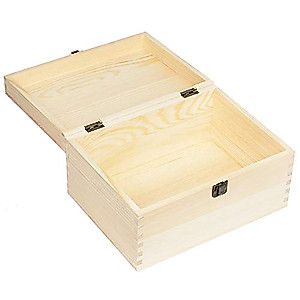 Extra Large Rectangle Unfinished Pine Wood Box Natural DIY Craft Stash Boxes with Hinged Lid and Front Clasp for Arts Hobbies and Home Storage-10.71x8x5.66 Inches