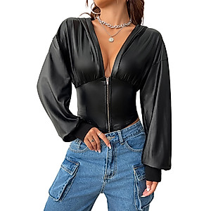 WDIRARA Women's PU Leather Ruched Zip Up Hoodie Long Sleeve Drop Shoulder Crop Jacket Black XS