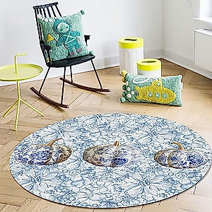 Thanksgiving Round Area Rug 3ft,Washable Outdoor Indoor Carpet Runner Rug for Bedroom,Kitchen,Living Room,Office,Area+Rug Small Bath Door Desk Floor Mat Blue Pumpkins Autumn Oil Painted Tile Flower