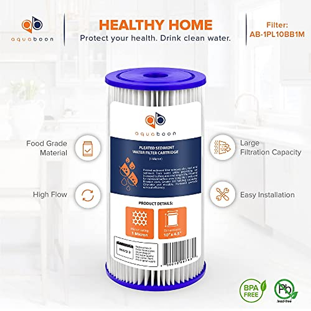 Aquaboon 1 Micron 10" x 4.5" Pleated Sediment Water Filter Replacement Cartridge | Whole House Sediment Filtration | Compatible with FM-BB-10-1, ECP1-BB, FM-BB-10-1A, HDC3001, WPC1FF975, 8-Pack