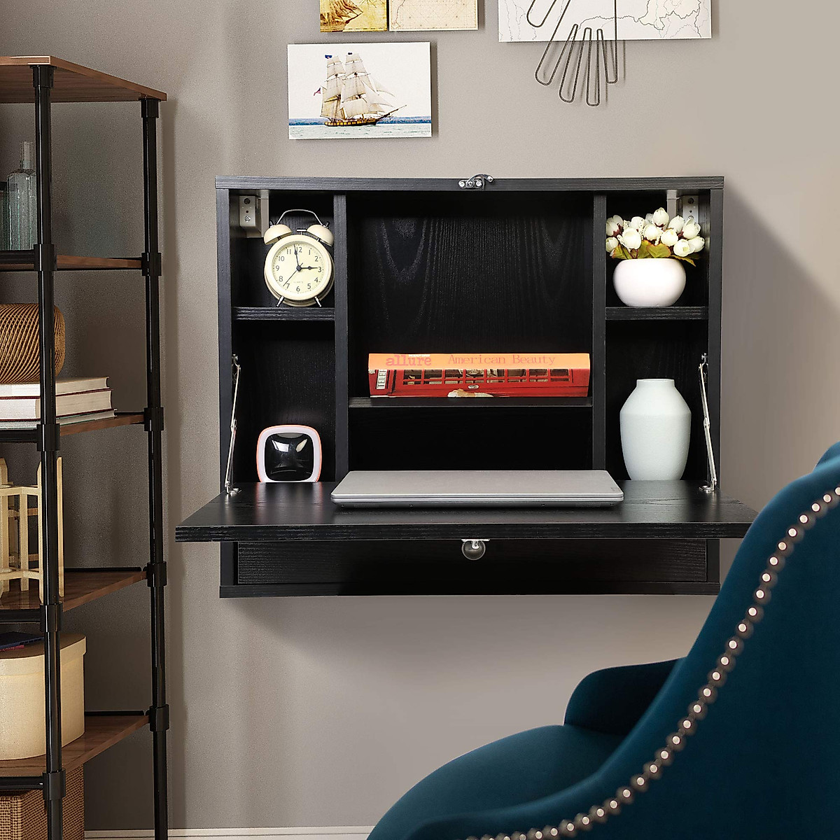 JAXPETY Wooden Wall-Mounted Space-Saving Desk, Fold Out Computer Laptop Desk with Storage Bookcase & Drawer, Convertible Writing Desk for Home Office, Black