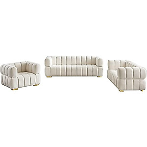 Meridian Furniture Gwen Collection Velvet Upholstered Sofa with Deep Biscuit Tufting, Cream