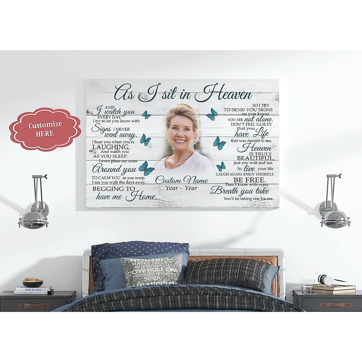Butterfly Personalized Memorial Canvas for Loss of Loved one, Sympathy Gift for Loss of Sister Daughter Mom Dad - As I Sit In Heaven Canvas - VTQ128 (16x12 inch)