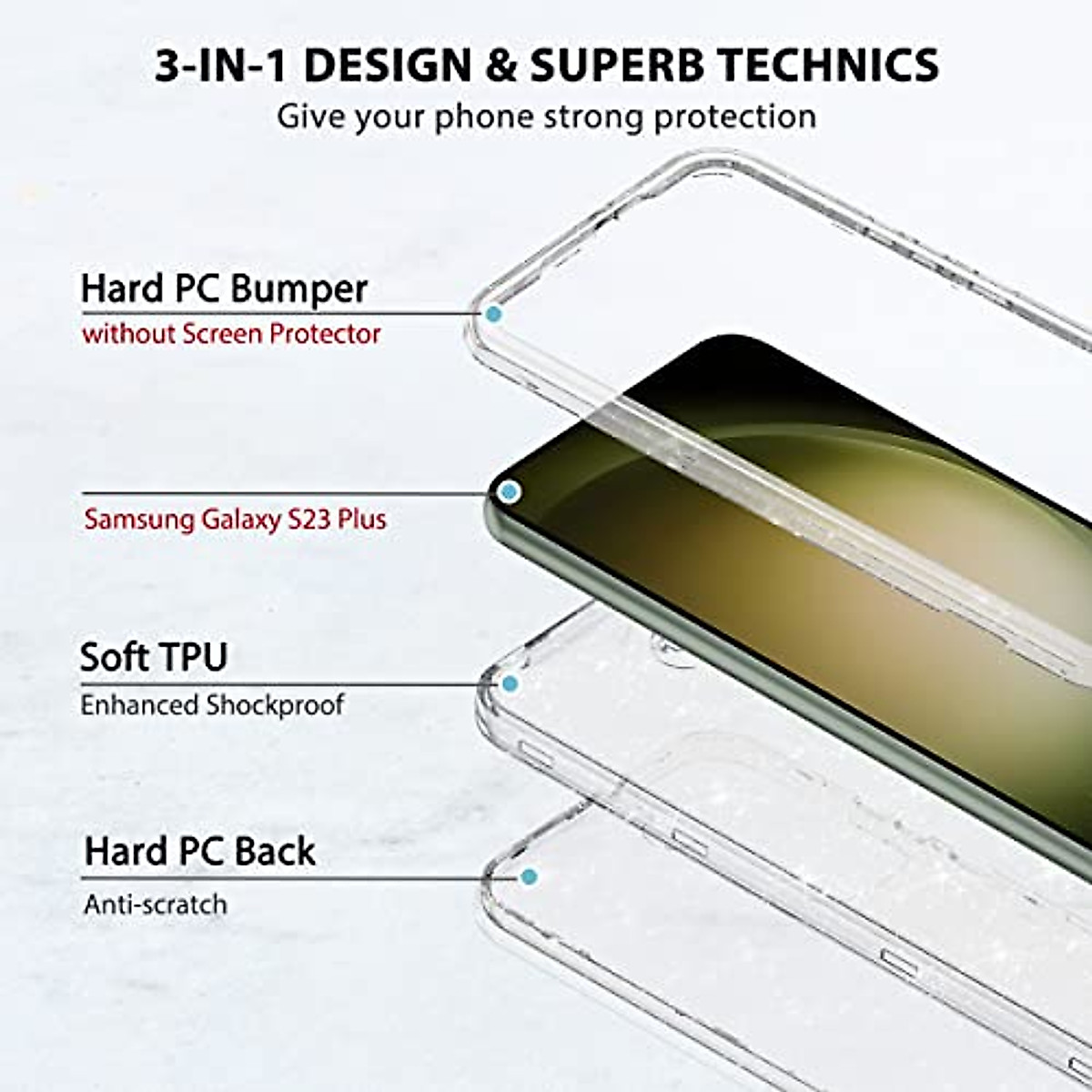 Lamcase for Samsung Galaxy S23 Plus Case 6.6 Inch, [with 2Pcs Tempered Glass Screen Protector+2Pcs Camera Lens Protector] Shiny Sparkly Bling Three Layer Shockproof Cover 2023, Clear/Silver Glitter