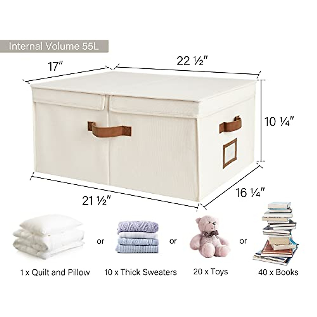 StorageWorks 55L Storage Bin, Decorative Closet Storage Box with Double-Open Lid, Divider Board and 3 PU Handles, Hand Wash, Canvas, Ivory White, Extra Large