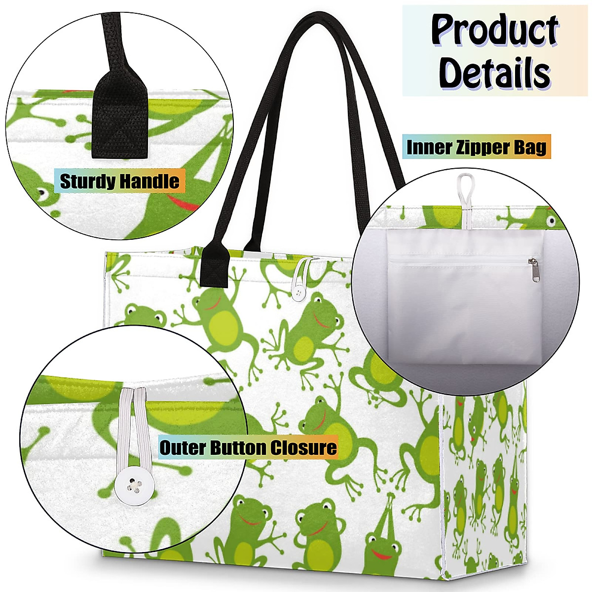 Pardick Frog Cute Tote Bag For Women Travel Bag Reusable Grocery Bag Utility Tote For Work Shopping Pool Beach Bag for Gift Outdoor