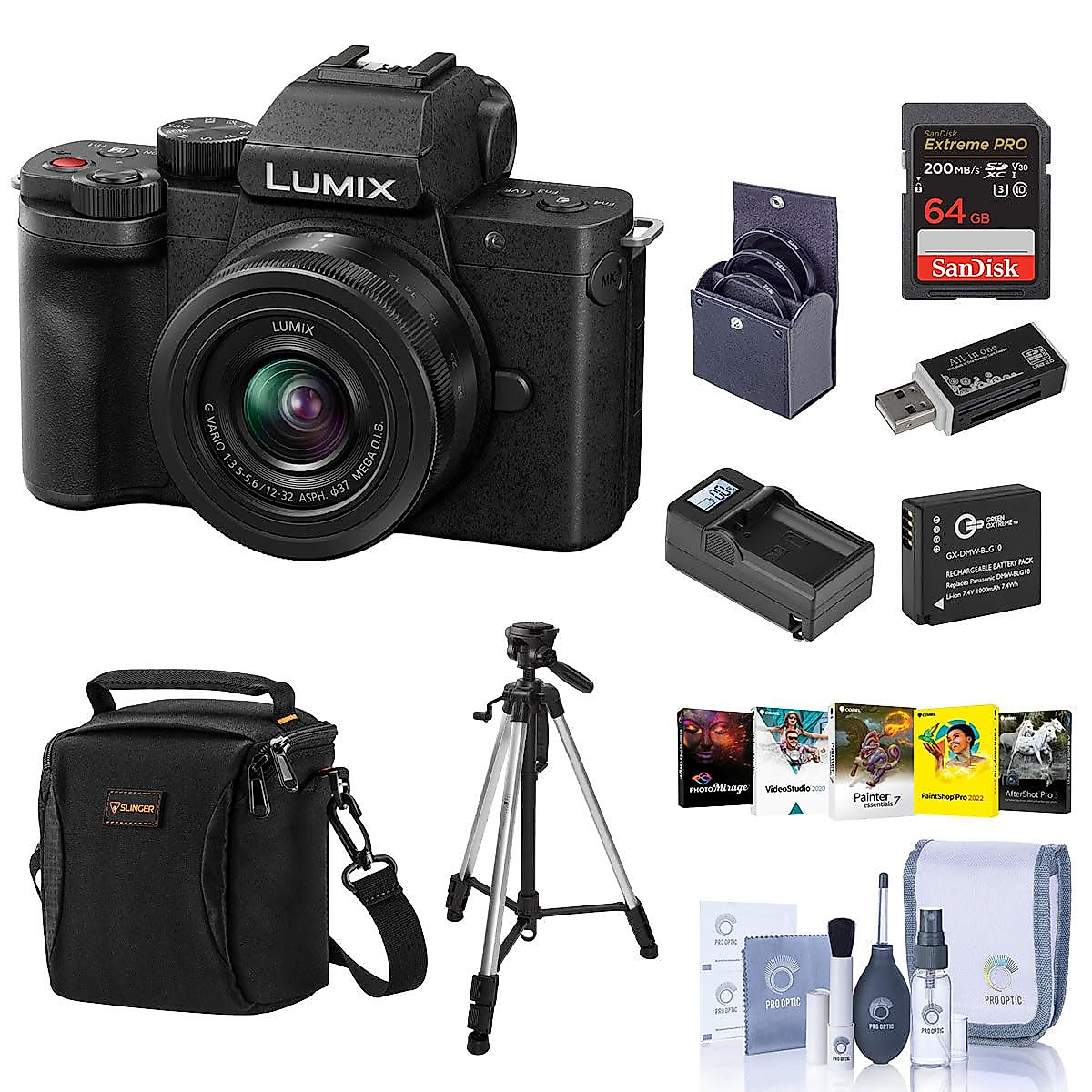 Panasonic LUMIX DC-G100 Mirrorless Camera Black with G Vario 12-32mm f/3.5-5.6 AS Lens - Bundle with 64GB SDHC Card, Soulder Bag, Spare Battery, Compact Charger, 37mm UV Filter, PC Software, and More