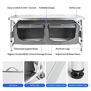 Moosinily Folding Camping Table 4 Ft Foldable Picnic Table 3 Height Adjustable Portable Camp Kitchen with Oxford Storage Outdoor White 47.2×18.5 inch