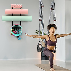 YiSeyruo Yoga Mat Holder Wall Mount: Yoga Mat Home Storage Organizer Rack Metal | Foam Roller Holder 4 Sections with 5 Hooks for Hanging Yoga Resistance Bands Equipment Accessories at Home Gym