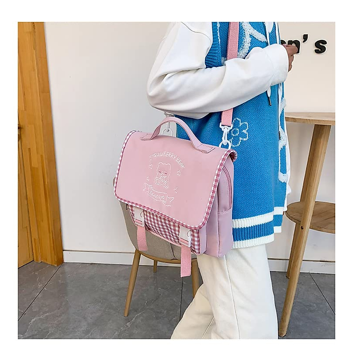 YUESUO Japanese Kawaii Plaid Bear Strawberry Backpack 3 Way Multi Bag for Girl Women JK Lolita Student Cosplay Satchel Book Bag (Pink,Medium)