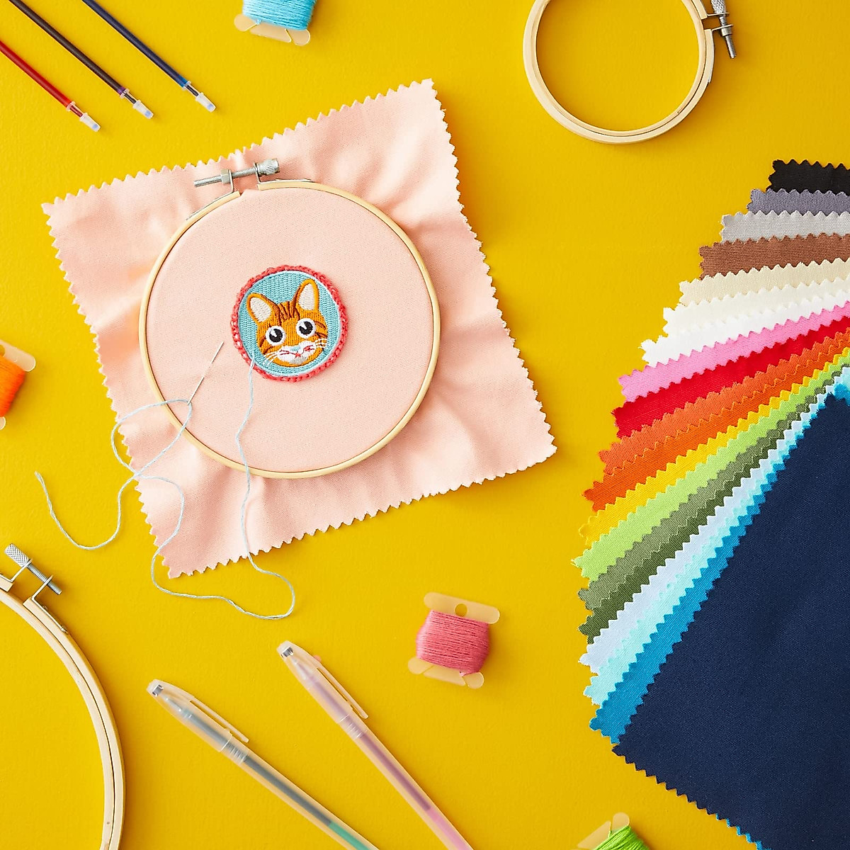 25 Piece Kit Embroidery Cloth Fabric Squares in 20 Colors with 5 Water Soluble Pens for DIY Crafts (8 x 8 in)