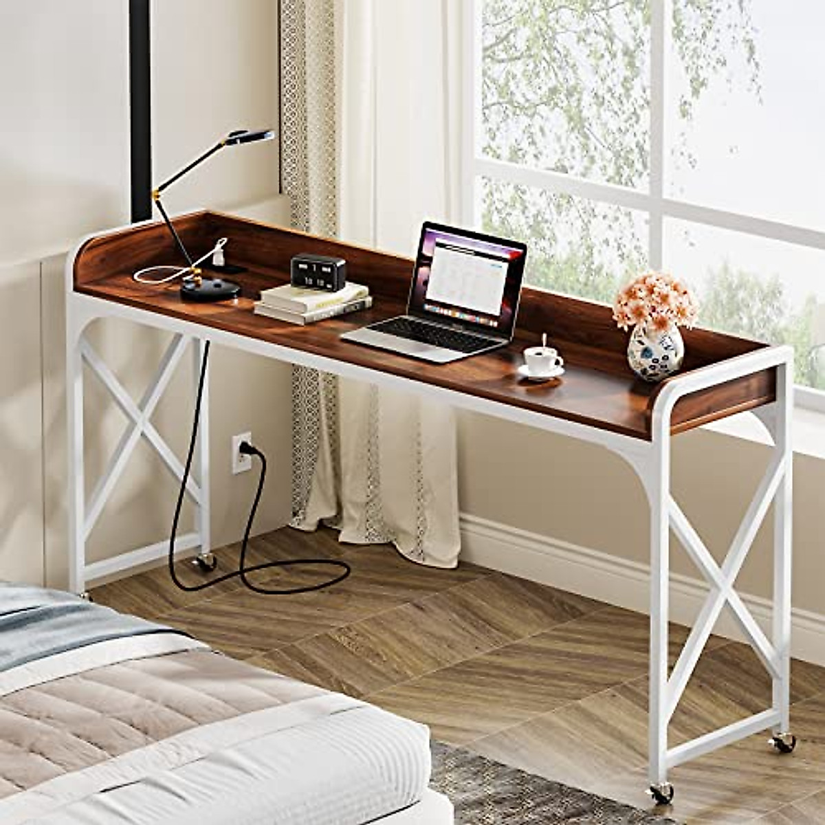 Tribesigns Over Bed Table with Wheels, 70.8" Overbed Desk with Outlet & USB, Mobile Queen Size Bed Table with White Metal Legs for Bedroom, Rolling Tray Table for Living Room, Hospital, Dark Walnut