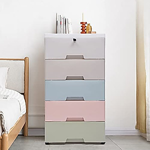 WOQLIBE Plastic Dresser 5 Drawers,Plastic Drawers Dresser 5 Drawers Storage Cart Organizer with Wheels,Storage Cabinet Drawers Organizer for Clothes/Toys Bedroom Playroom,1 Locker,Colorful