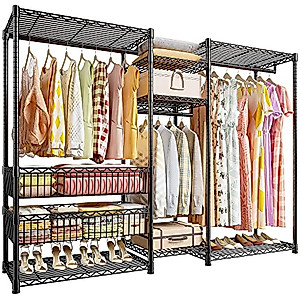 Raybee 77" H Clothes Rack Heavy Duty Clothing Racks for Hanging Clothes with Basket Drawers Load 850 LBS 75" Wide Large Clothes Rack with Shelves Adjustable Wire Garment Rack Free Standing Closet