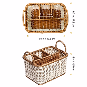 Hemoton Wicker Divided Storage Basket Silverware Caddy Woven Natural Basket, Storage Basket Organizer, Utensil Holder, Forks, Spoons, Knives, Napkins, Perfect for Desk Supplies, Pencil, Pens, Staples