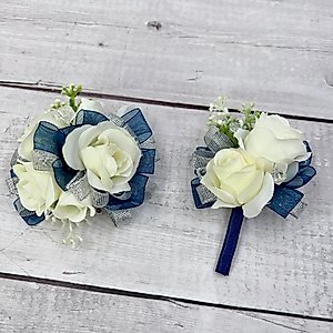 Ansuma Ivory Rose Flower Wrist Corsage Boutonniere Set Bridesmaid Wrist Corsage Bracelet & Groom and Best Man Boutonniere for Wedding Flowers Accessories Prom Suit Decorations (Navy Blue)