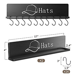 FANGSUN Hat Rack for Wall, Wooden Baseball Cap Organizer with 20 Hooks, Metal Rustic Hat Pattern Display Rack, Ball Cap Hanger Wall Mounted Hat Storage Holder for Closet Bedroom Entry, Set of 2, Black