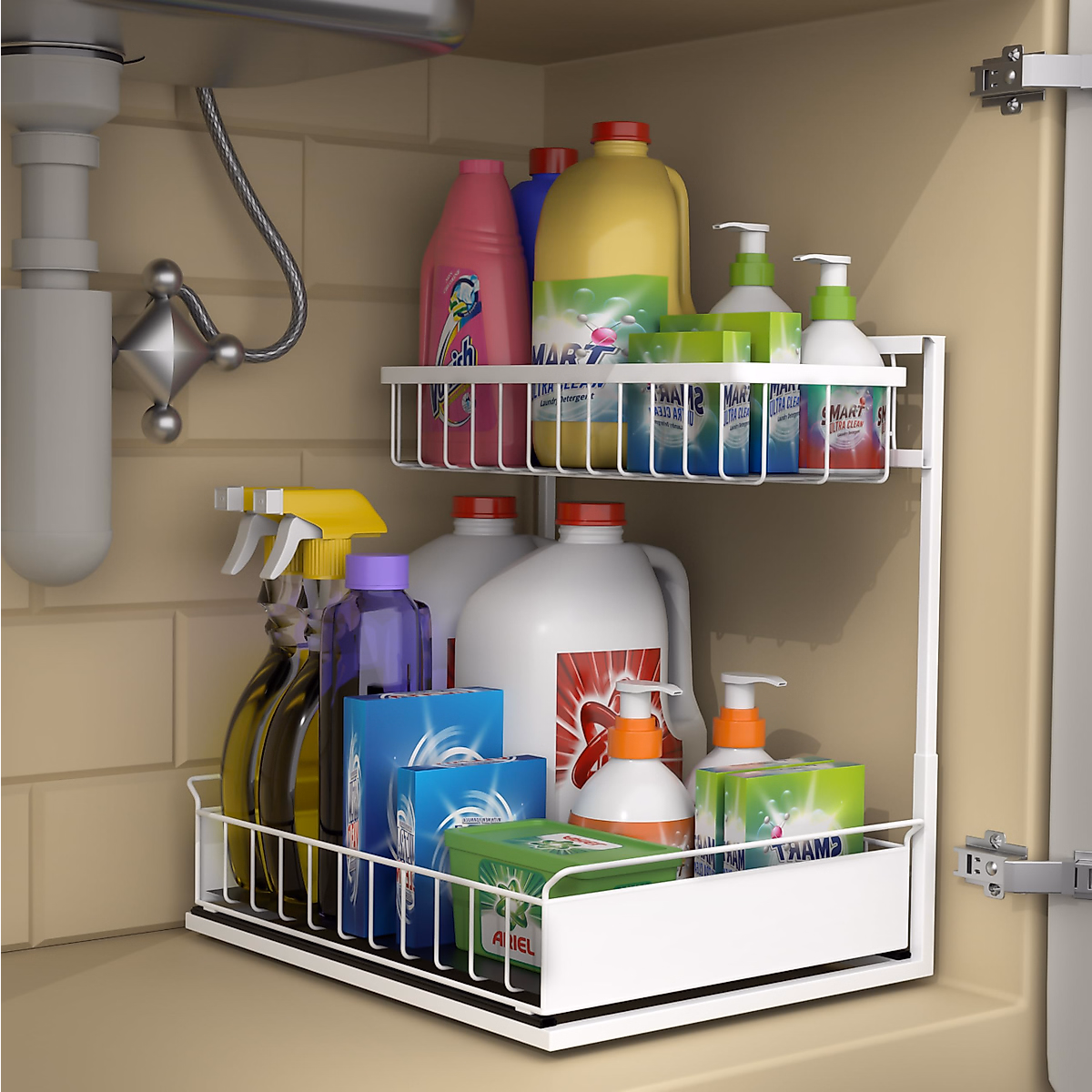 FEROZA Under Sink Organizers and Storage Carbon Steel 2-Tier Slide Out Sliding Shelf, L-Shape Under Cabinet Storage Multi-Functional Under The Sink Organizer Kitchen and Bathroom (1, White)