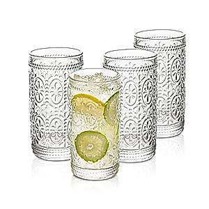 SoulTimes Vintage Glassware Embossed Glass Cups Set of 4, 12 oz Romantic Water Glasses, Highball Beverage Glasses Cup, Cocktail Glasses Drinking Glasses, for Juice, Beverages, Cocktail, Water
