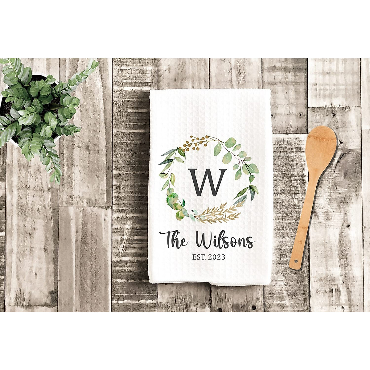 Personalized Wreath Monogram Tea Towel, Waffle Weave Tea Towel, Housewarming Gift, Farmhouse Decor, Wedding Gift