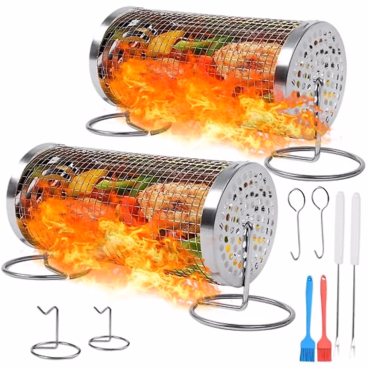 Grill Basket 2 PCS, 360 degree Rolling Grilling Basket, BBQ Grill Baske, Stainless Steel Grill Mesh Barbeque Grill Accessories, Vegetables, Fries (2 Pcs 30x9x9cm)