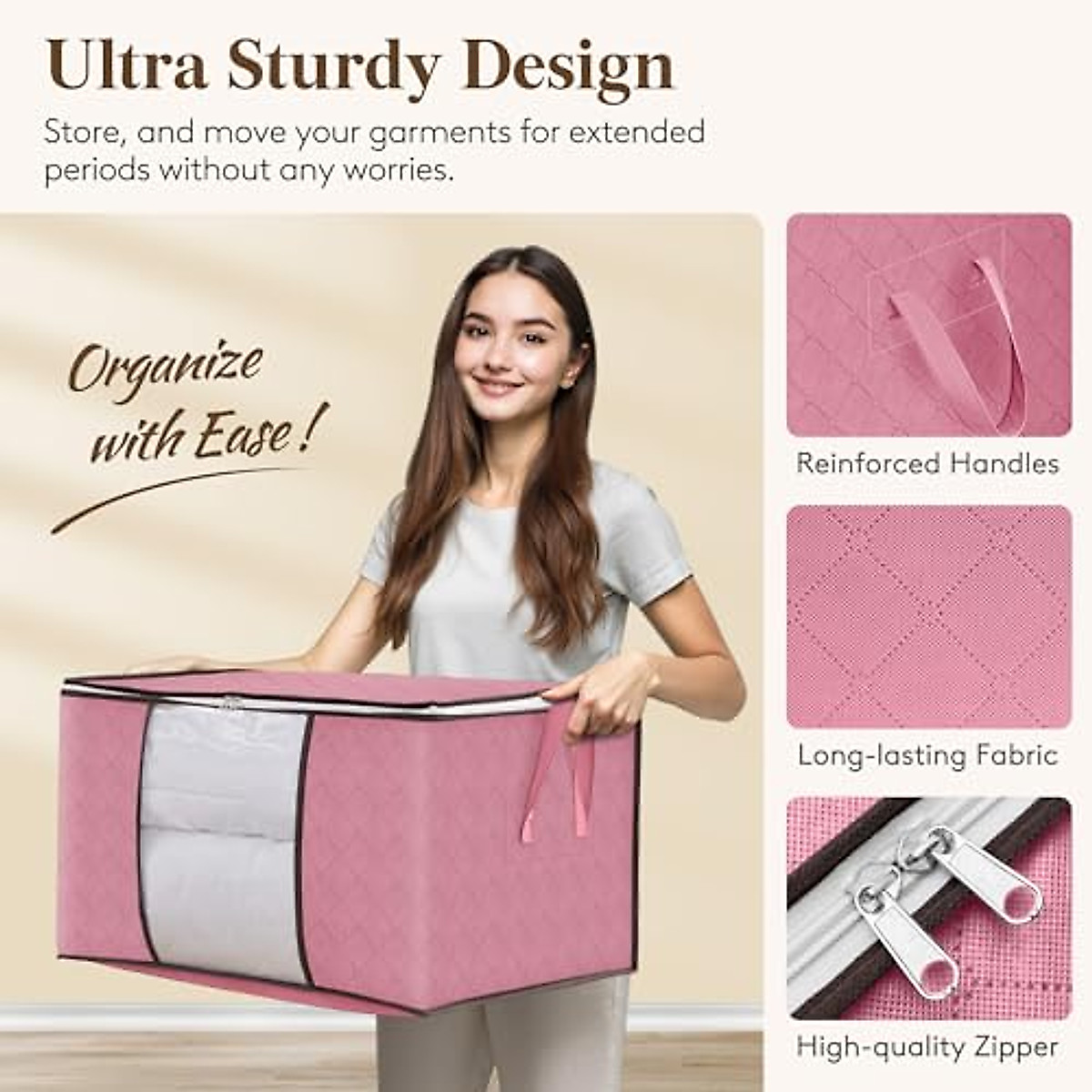 Lifewit 90L Large Storage Bags, 6 Pack Closet Organizers and Storage, Clothes Storage Bins with Lids, Foldable Storage Containers with Reinforced Handles for Clothing, Blanket, Bedding, Comforter Pink