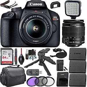 Camera Bundle for Canon EOS Rebel T100 DSLR Camera with EF-S 18-55mm f/3.5-5.6 is II Lens and Accessories Pack (64GB, Handheld Tripod, Extra Batteries, and More)
