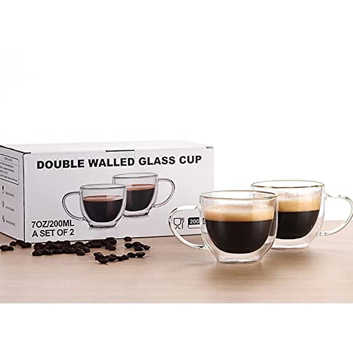 Douria Double Walled Glass Coffee Mugs, Clear Espresso Cups, Coffee tea Mugs Set, Iced Coffee Cup, Glass Mugs for Hot Beverages, Premium Glasses Set, Each 200ml (7Ounces./Set of 2)