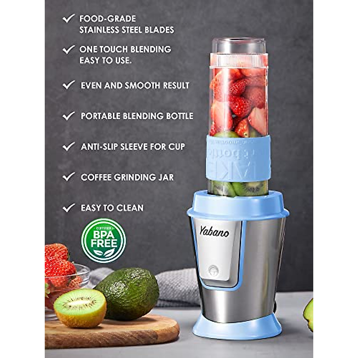 Personal Blender with 2 x 20oz Travel Bottle and Coffee/Spices Jar, Portable Smoothie Blender and Coffee Grinder in One, 500W Single Serve Blender for Shakes and Smoothies, BPA free, by Yabano (Blue)