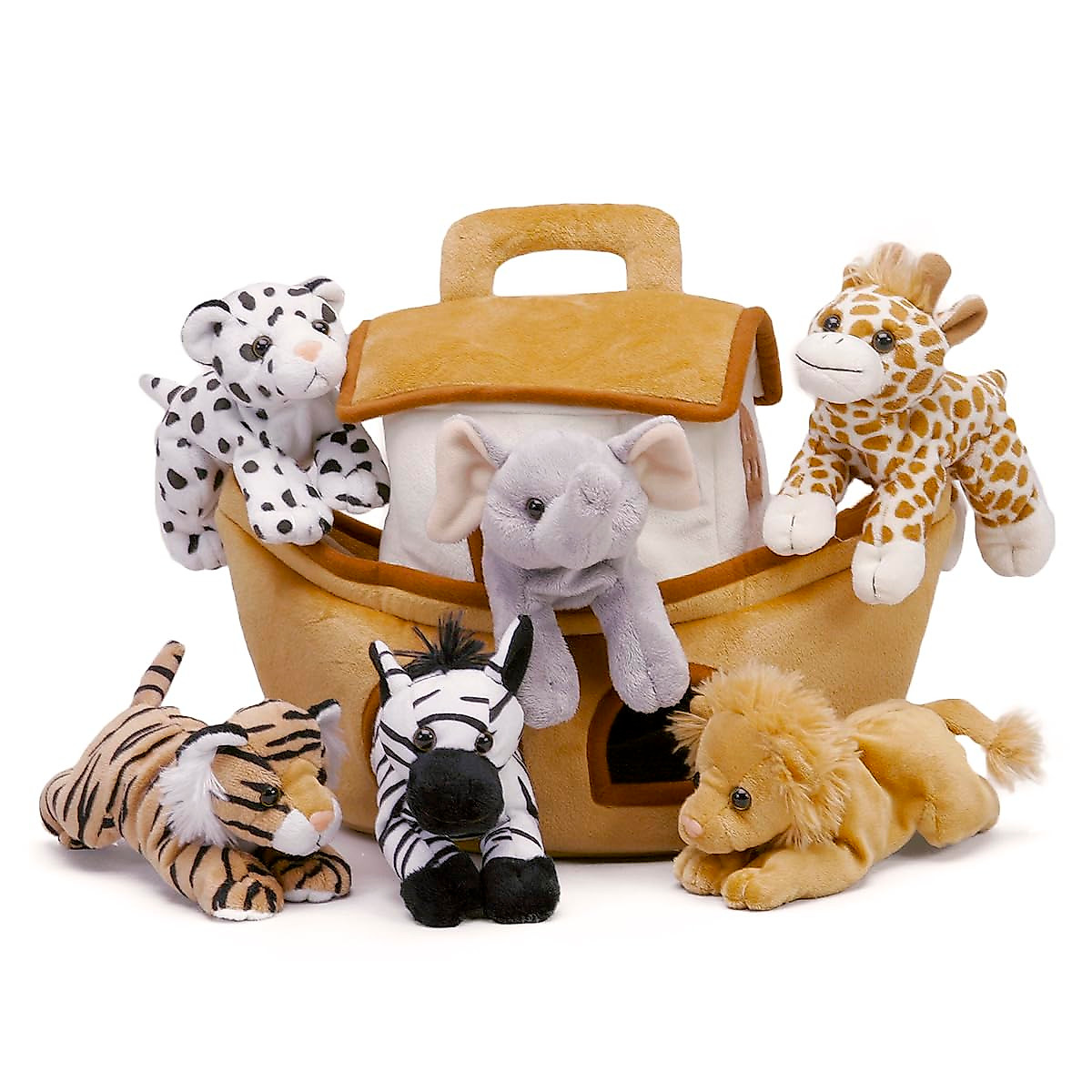 Plush Noah's Ark with Animals - Six (6) Stuffed Animals (Lion, Zebra, Tiger, Giraffe, Elephant, and White Tiger) in Play Ark Carrying Case