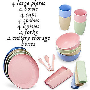 Generic Camping Plates and Bowls Set – 21Pcs Wheat Straw Dinner Set with Dinner Plates, Bowls, Cups and Cutlery – Premium BBQ Set with Cute Colours and Matte Finish – Includes Insulated Bag