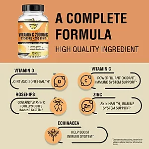 Happi Mi Nutrition Vitamin C 2000MG, Zinc 40 mg, Vitamin D3 5000 IU, Echinacea Extract, Rose Hip, Immune Support for Adults & Kids, Immune Booster,120 Vegan Caps, 60 Day Supply, Non GMO, No Filler
