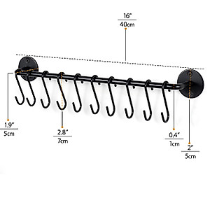 Wallniture Cucina 16" Wall Mount Kitchen Utensil Holder with 10 S Hooks for Hanging Pots and Pans and Lid Organizer, Set of 2, Black