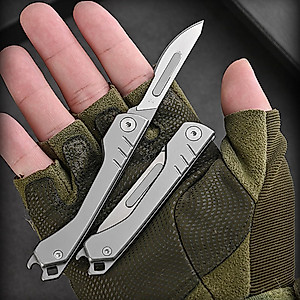 Folding Scalpel Knife with 10pcs #24 Replaceable Blades, Small Pocket Knife for Men with Bottle Opener, EDC Utility knife, Slim Razor Knife, Surgical Keychain Knives for Outdoor Skinning (Grey)