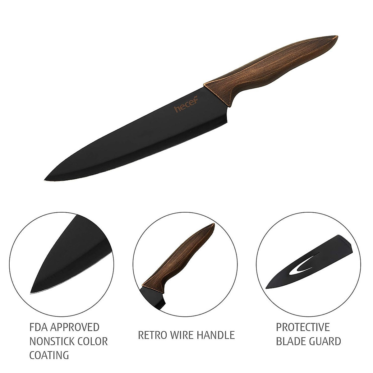 hecef Knife Set Black of 5 with 12 Inch Magnetic Knife Strip, Comes with Protective Blade Cover