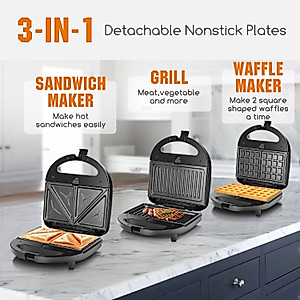 Aigostar Sandwich Maker Panini Press Grill, 3 in 1 Waffle Maker with Removable Non-stick Plates, Electric Grilled Cheese Maker, Portable Cool Touch Handle, Led Indicator Lights & Easy to Clean, 750W
