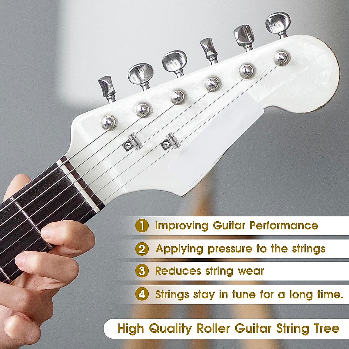 Guitar Roller String Retainers, 4 Pcs String Trees for Electric Guitar, Metal Guitar Standard Roller String Guide Replacement Part Electric Guitar Accessories (Silver) (Chrome)