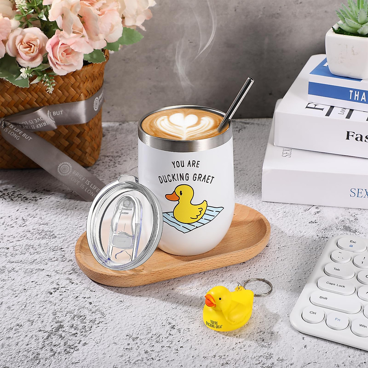 Lallisa 3 Pcs Duck Tumbler Keychain Duck Cosmetic Bag with You're Awesome for Duck Lovers Travel Coffee Mug Employee Appreciation Gift for Coworker Women Girls Recognition Student Teacher