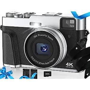 Upgraded 4K Digital Camera with SD Card Autofocus,48MP Point and Shoot Camera with Flash Viewfinder & Dial,Vlogging Camera Anti-Shake,16X Zoom Portable Travel Camera,2 Batteries