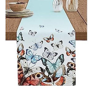 Teal Ombre Table Runner 72 Inches Long Farmhouse Dress Scarves, Red Blue Butterfly Modern Abstract Art Dining Tablerunner for Coffee Table/Kitchen Island/Party Décor, 18" x 72"
