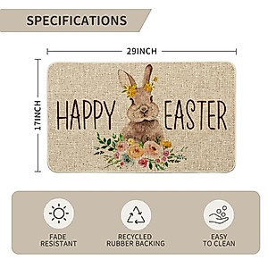 Artoid Mode Cute Rabbit Flowers Happy Easter Welcome Decorative Doormat, Seasonal Spring Low-Profile Rug Switch Mat for Indoor Outdoor 17x29 Inch