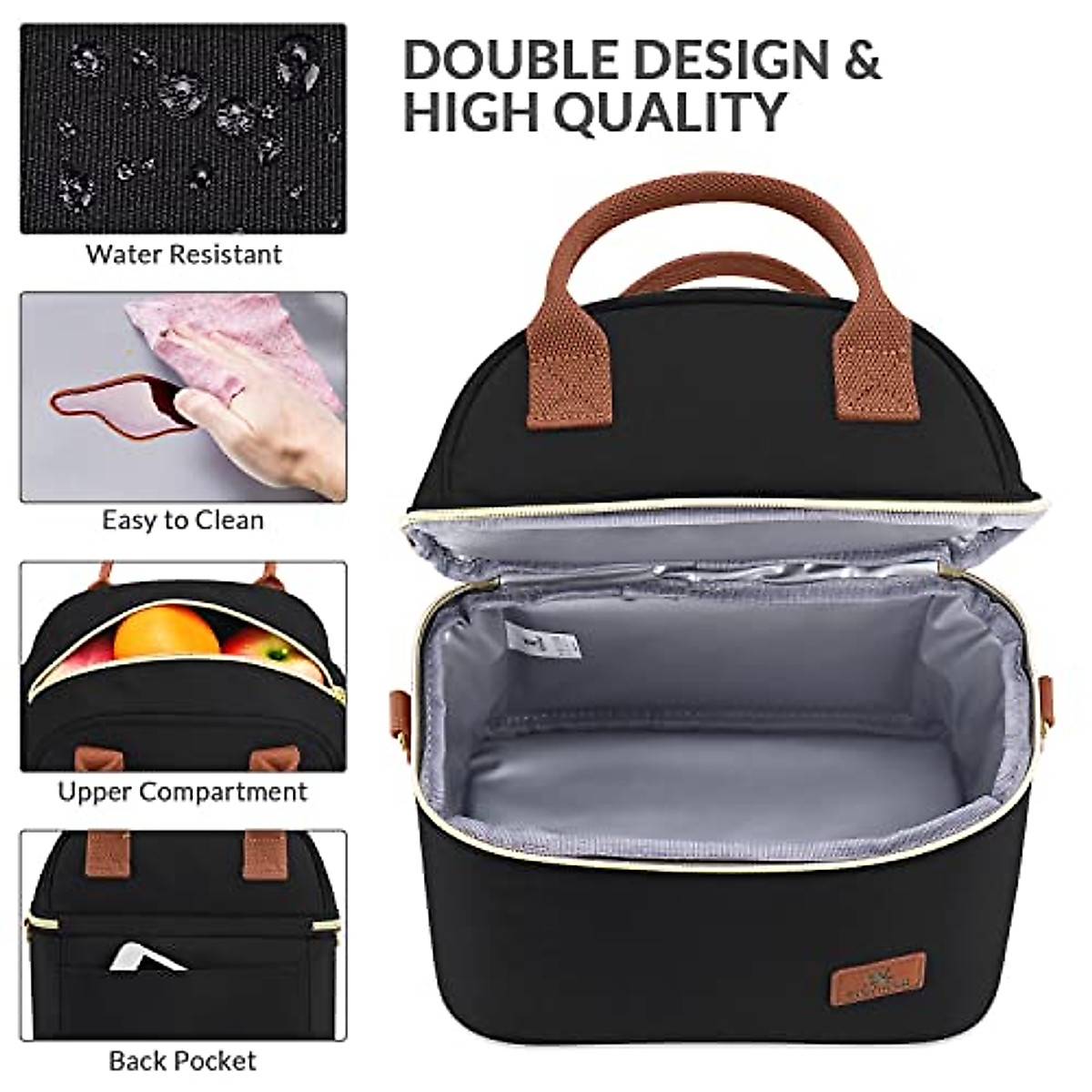 Hafmall Insulated Lunch Bag for Women/Men, Dual Compartment Adult Lunch Box for Work, Reusable Lunch Tote Bag with Shoulder Strap, Black