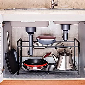 Rice rat Under Sink Organizers and Storage Extendable Under-Sink Organizer Shelf Rack 2 Tiers,black(17-inch to 25-inch)