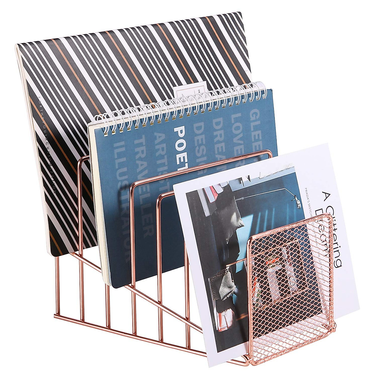 Simmer Stone Incline File Sorter, 7 Slot Magazine Holder for Letter, Document, Folder and Book, Metal Desktop Organizer Rack for Home, School and Office, Rose Gold