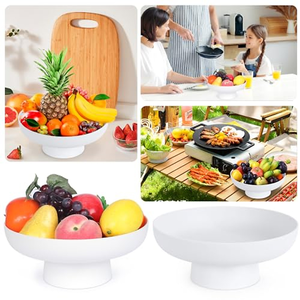 tchrules Fruit Bowl, Plastic Fruit Bowl for Kitchen Counter, White Fruit Basket with Draining Holes, Decor Centerpiece for Kitchen Counter or Dining Room Tables