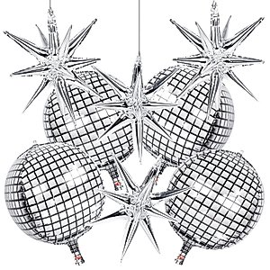 8 PCS 22Inch Silver Disco Ball Ballons, 4D Large Foil Balloons with Metallic Star for 70s Disco Dance Birthday Party Graduation New Year Decoration