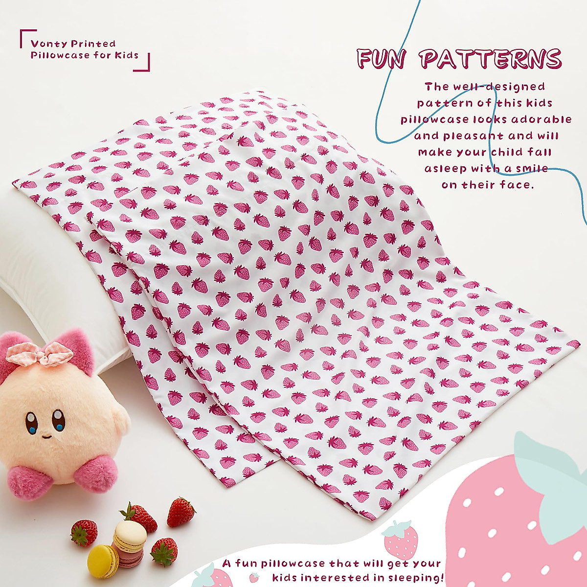 Vonty Kids Pillowcase Pink Strawberry Printed Standard Pillow Cases, Microfiber Kids Pillow Cases for Girls - Soft & Breathable 20x26 Pillow Covers(2Pcs)