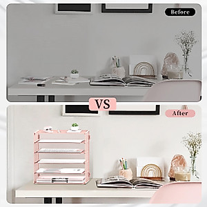 DALTACK Paper Organizer for Desk, 5-Tier Desk Organizer Tray, Paper Organizer Storage, Paper Tray Organizer for Home Office School, Pink